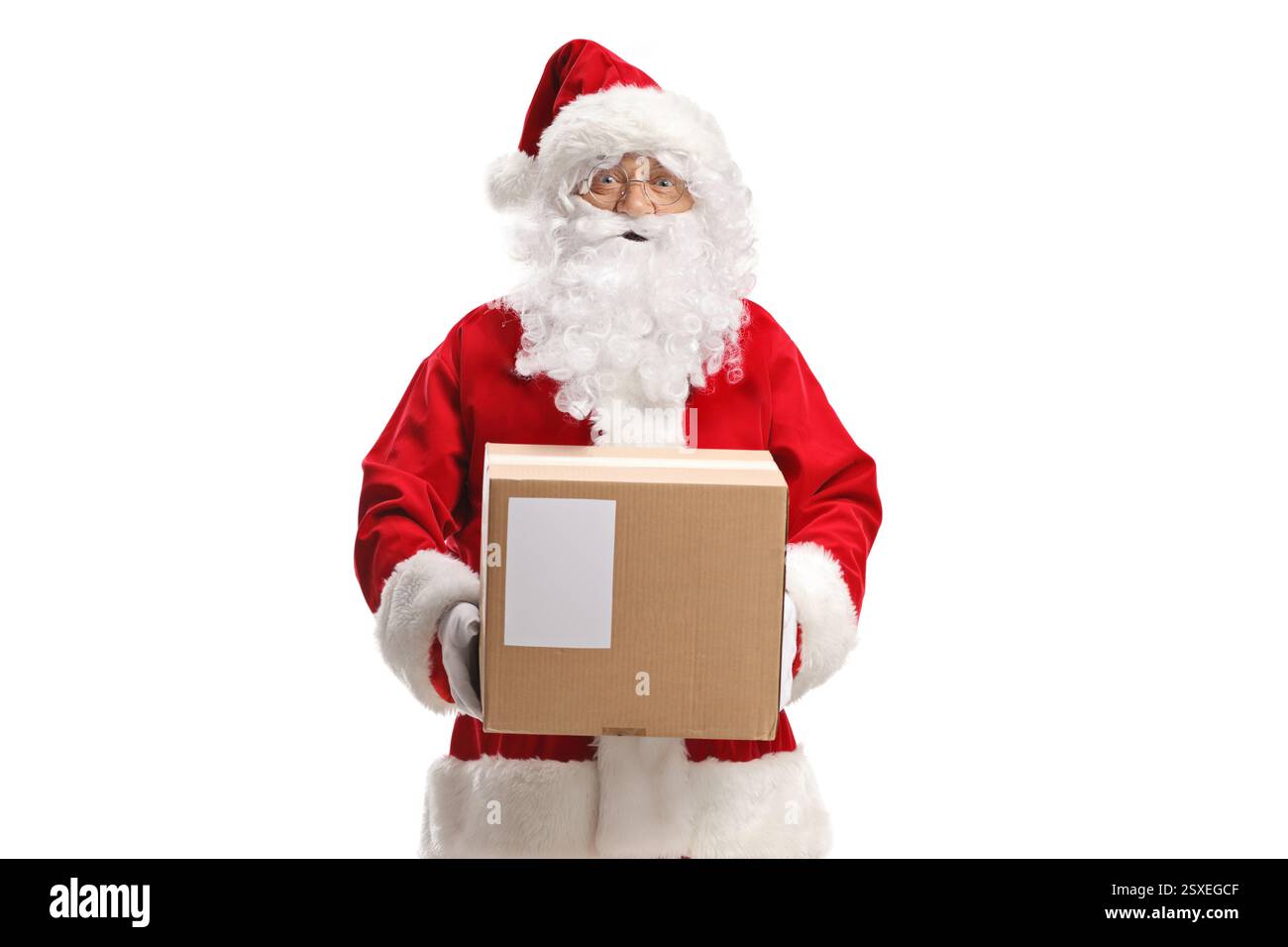Santa claus carrying a cardboard box isolated on white background Stock ...