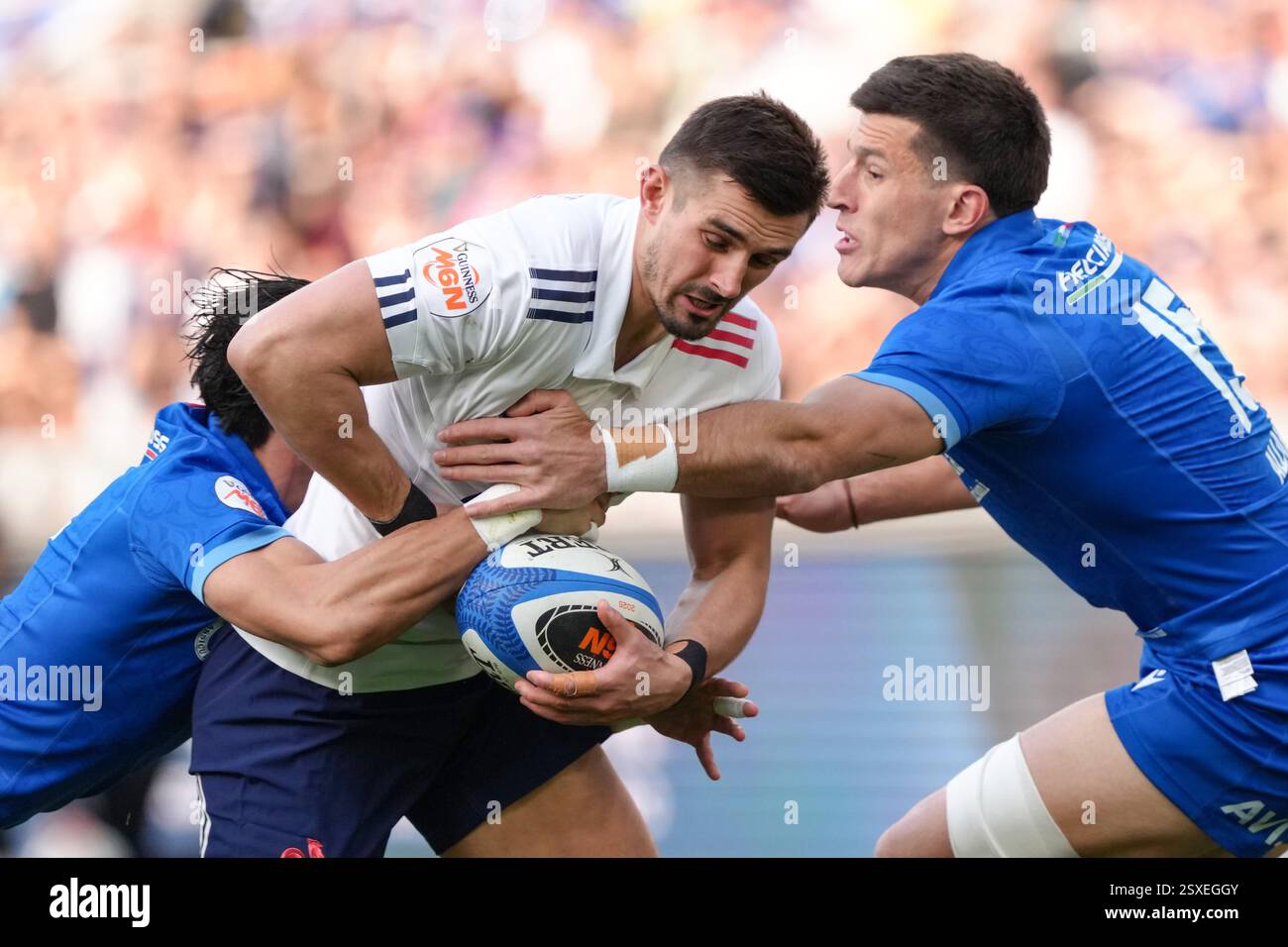 Thomas Ramos of France, Ange Capuozzo and Tommaso Allan of Italy during ...