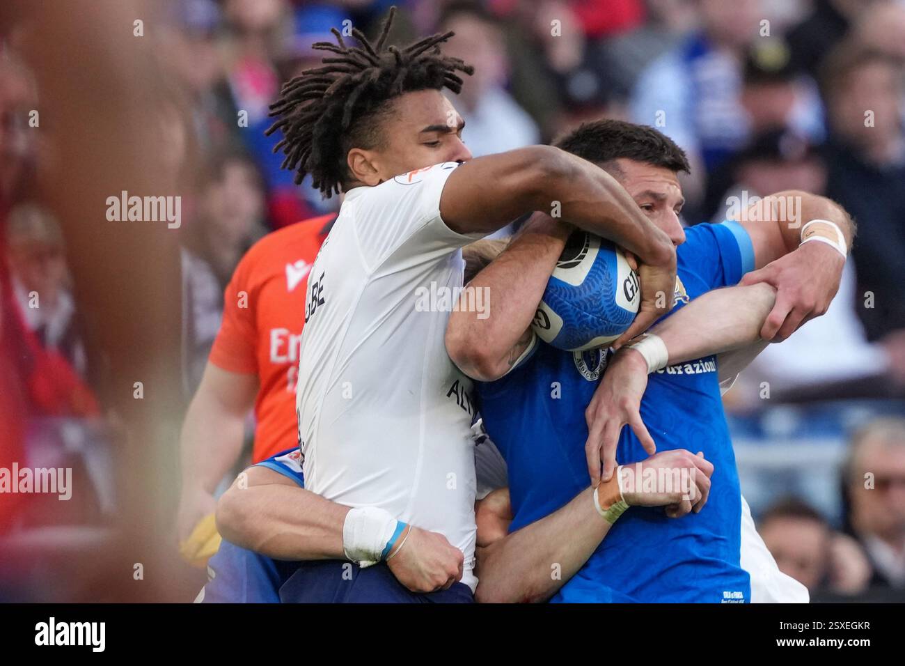 Theo Attissogbe of France and Tommaso Allan of Italy during the Six ...