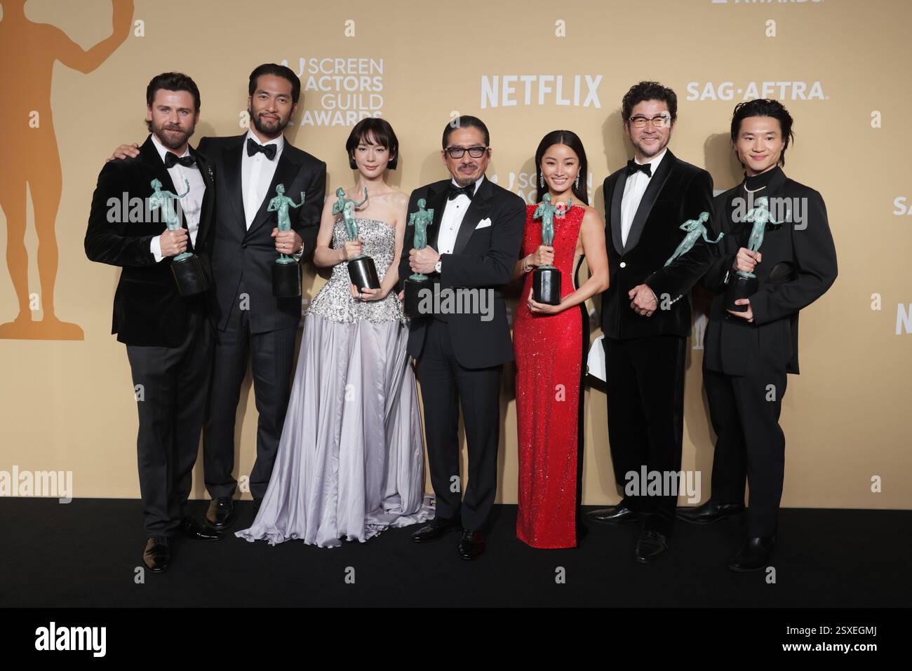 (L-R) Tommy Bastow, Shinnosuke Abe, Moeka Hoshi, Hiroyuki Sanada, Anna Sawai, Tadanobu Asano and ...