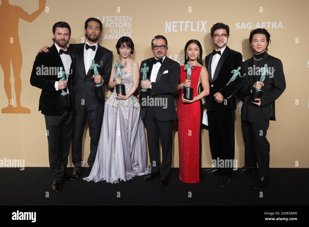 (L-R) Tommy Bastow, Shinnosuke Abe, Moeka Hoshi, Hiroyuki Sanada, Anna Sawai, Tadanobu Asano and ...
