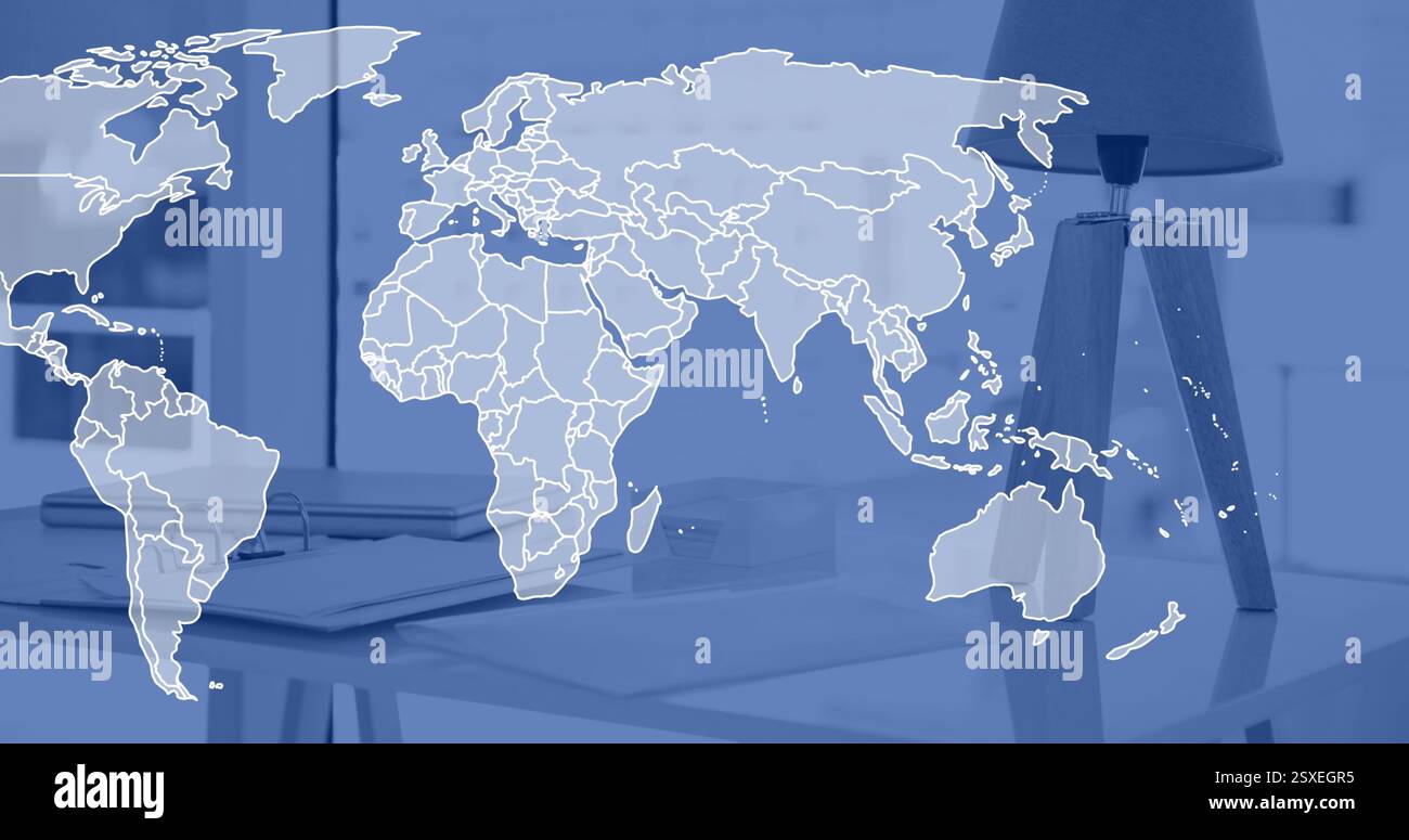 Image of world map over empty office Stock Photo - Alamy