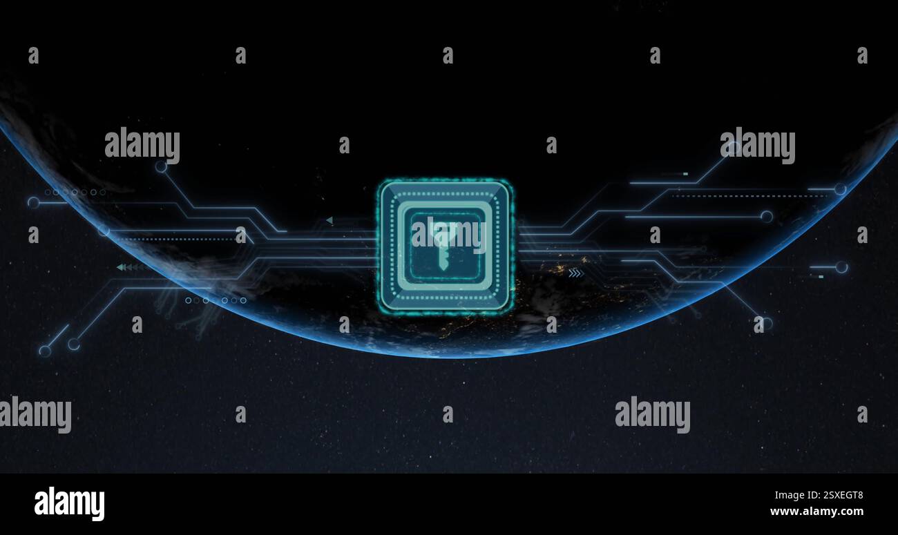 Image of circuit board and connection with key over globe and dark ...