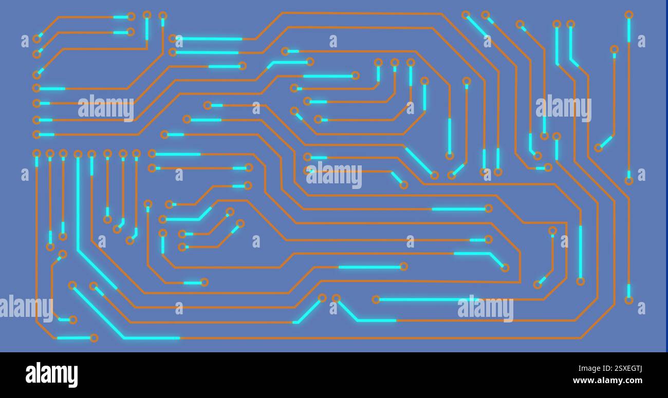 Image of digital data processing with light trails over blue screen ...