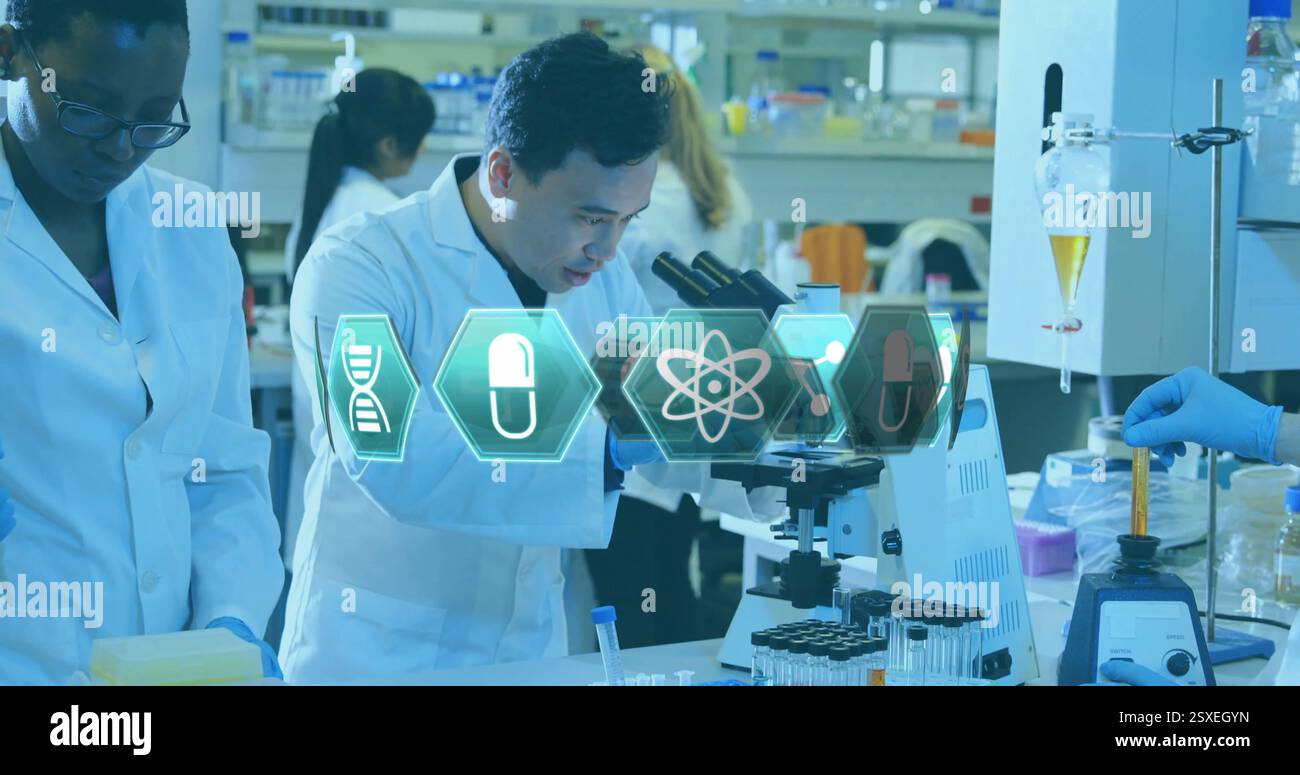 Image of medical icons over diverse scientists working in lab Stock ...
