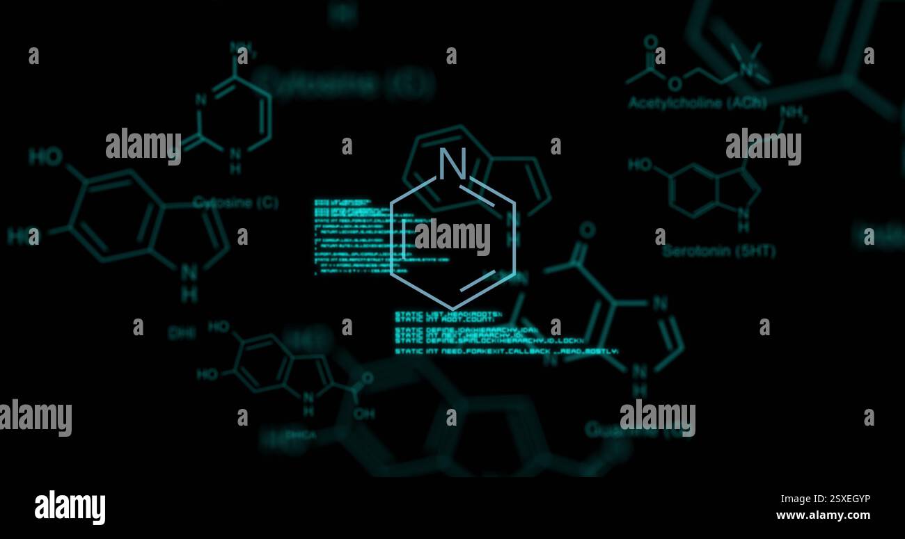 Image of data processing over element diagrams on black background ...