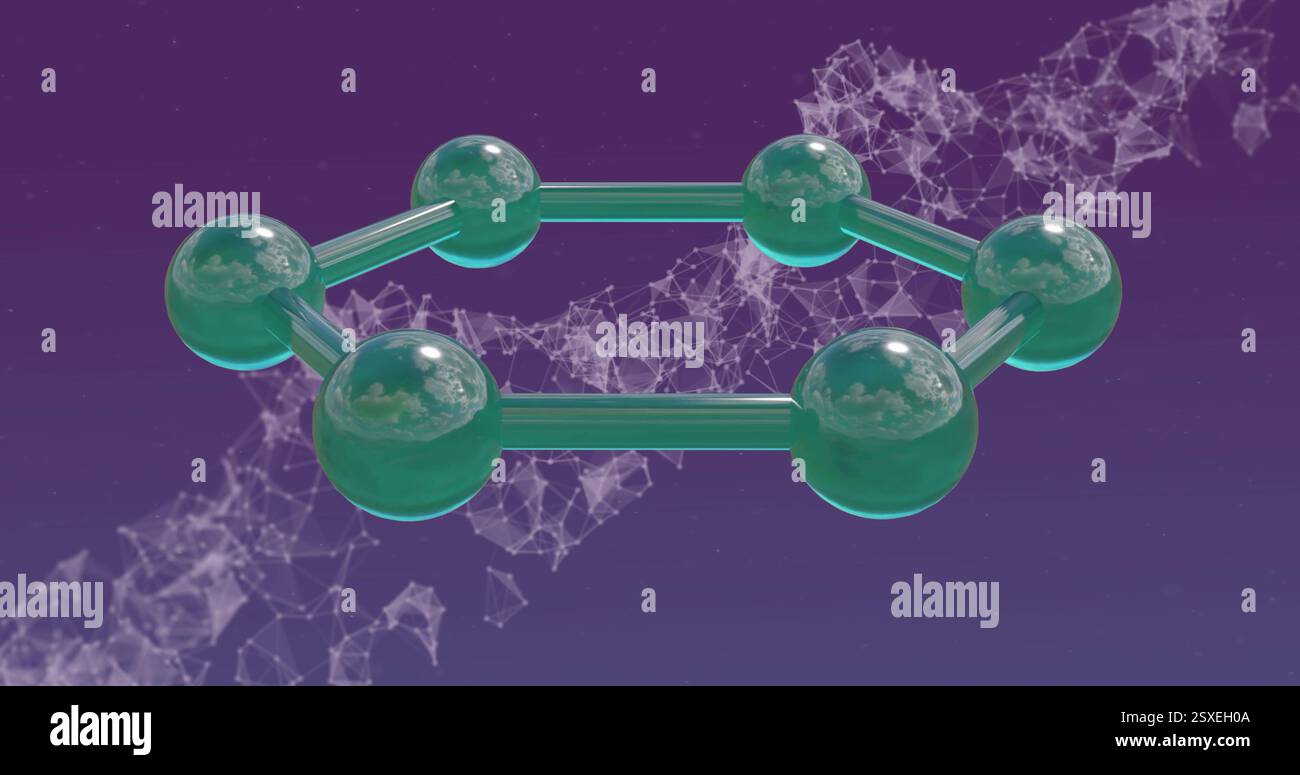 Image of ring of molecules over floating network on purple background ...