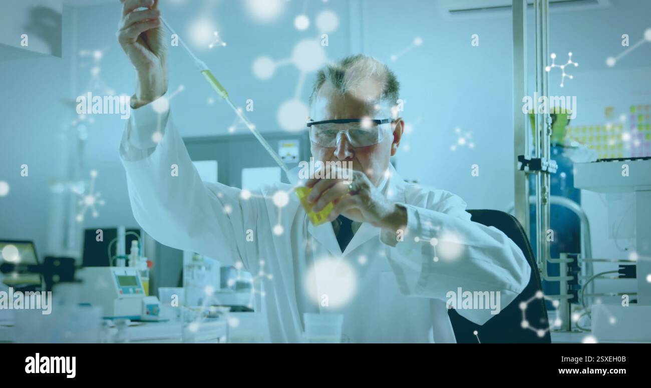 Image of molecules over caucasian male scientist working in lab Stock ...
