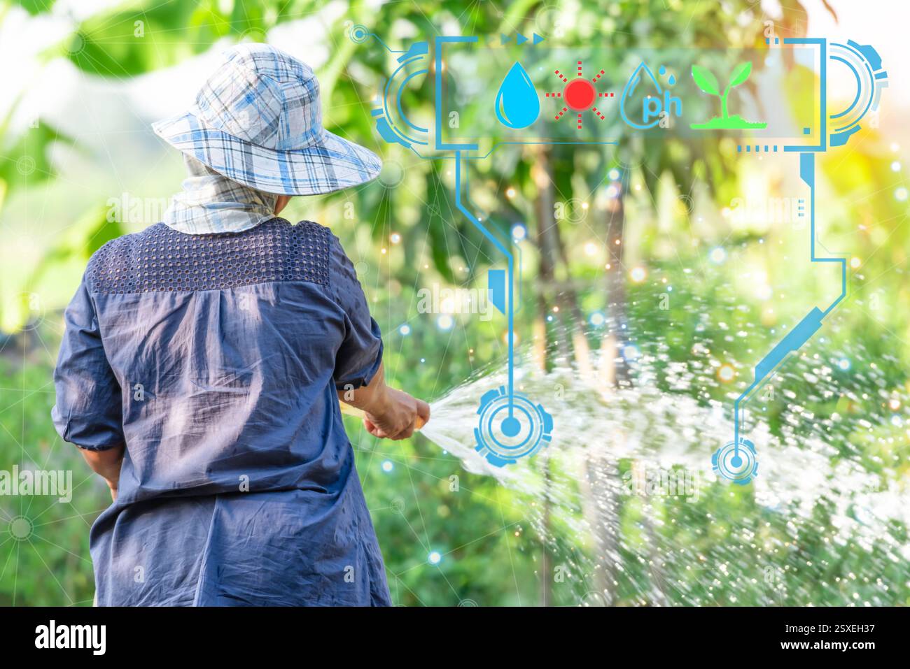 Smart farm digital icon and futuristic AI data infographic of Asian ...