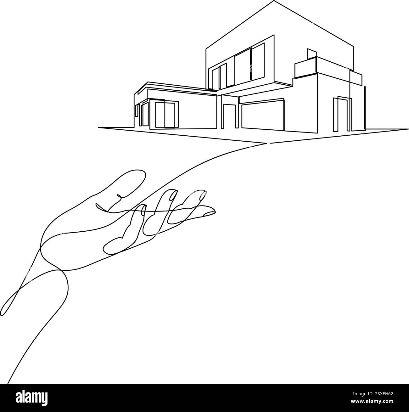 Continuous one line drawing of hand holding modern flat roof house or ...