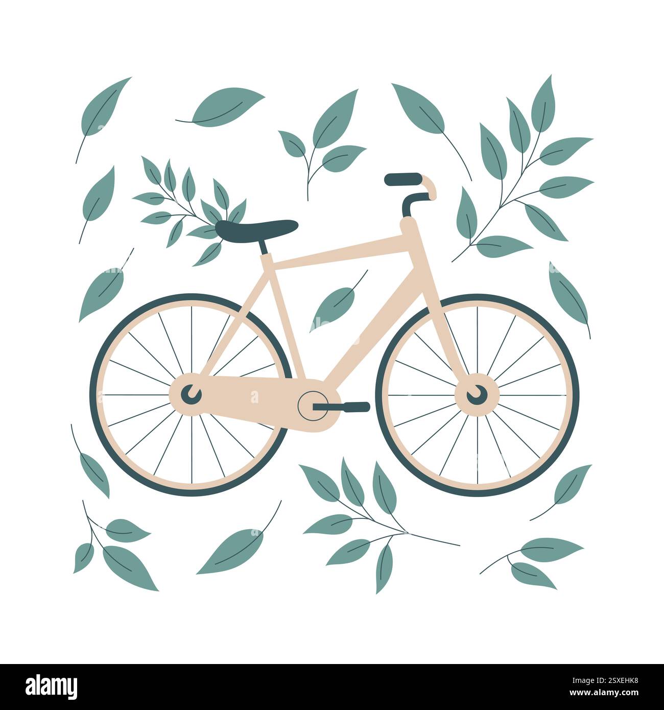 Flat vector illustration of an eco-friendly bicycle surrounded by green ...