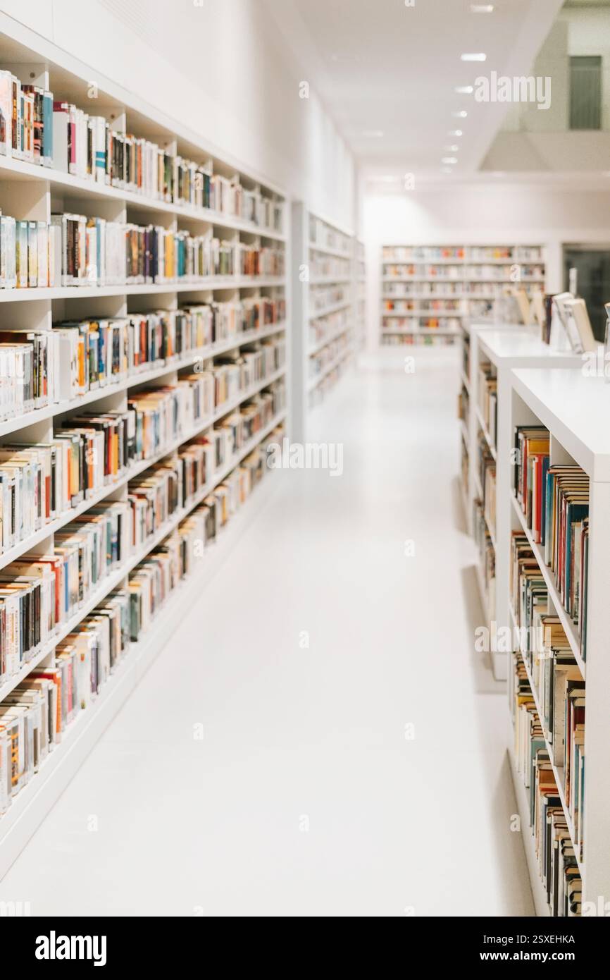 Long white library bookshelves in perspective. Endless rows of ...
