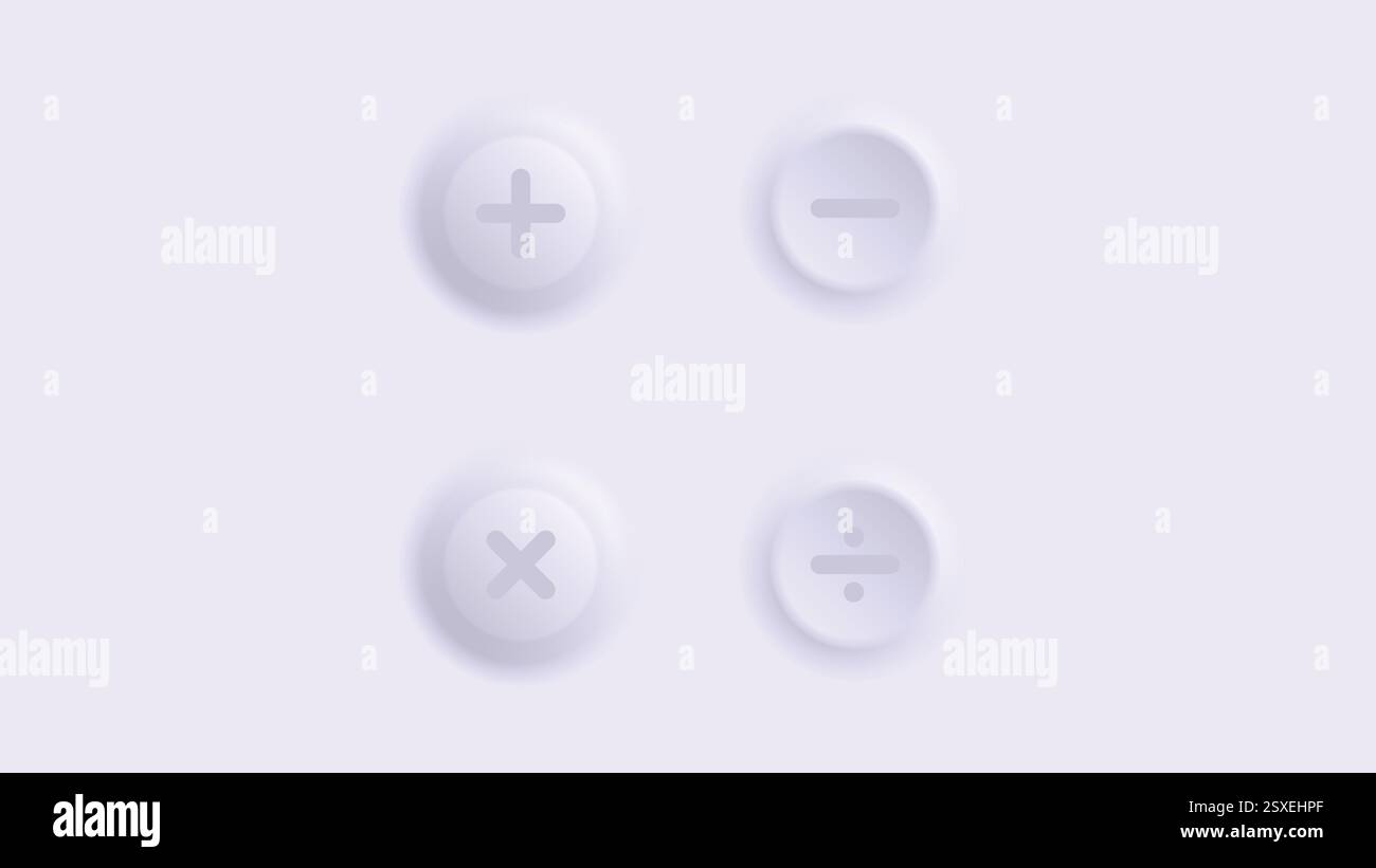 Mathematical symbols 3D circle shapes button neomorphism style. Vector ...