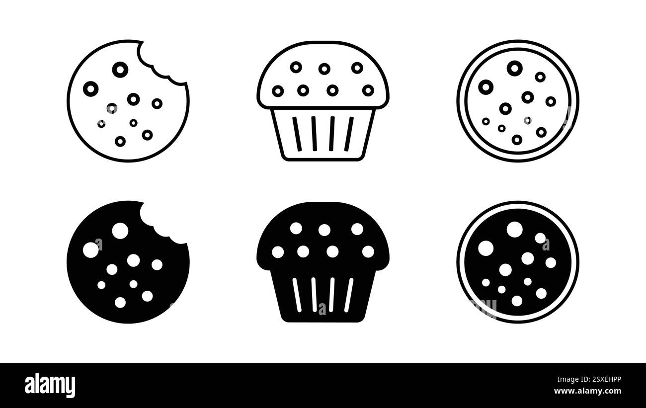 Cookie and cupcake silhouette icon set. Biscuit and snack vector icon ...