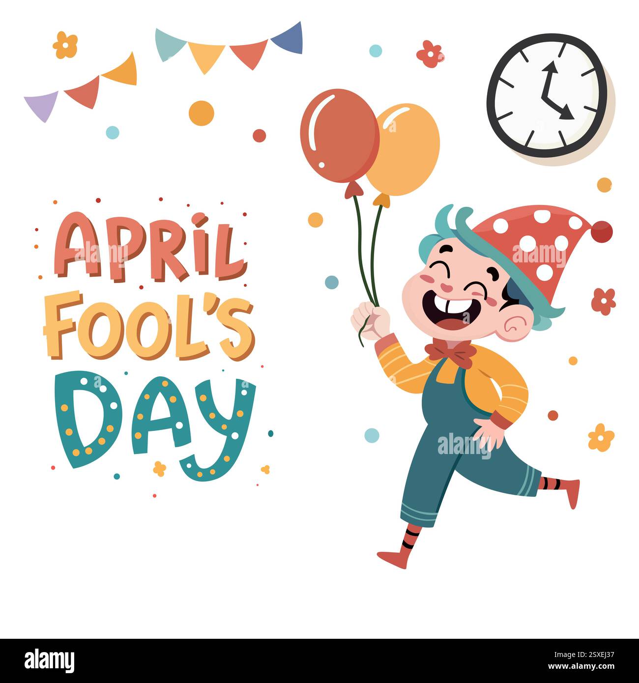 April Fool's Day. Happy boy running holding two balloons. Vector ...
