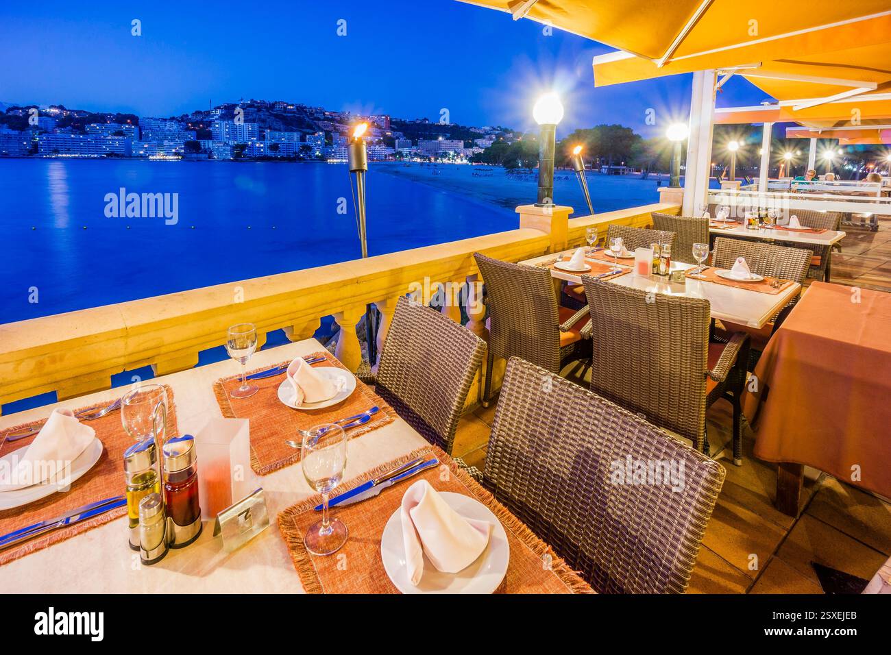restaurant on the beach, Santa Ponsa beach, Calvia, Mallorca, Balearic ...