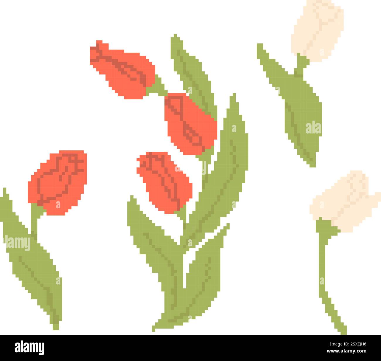 Pixel Art Spring Red and White Tulips collection. Isolated Vector ...