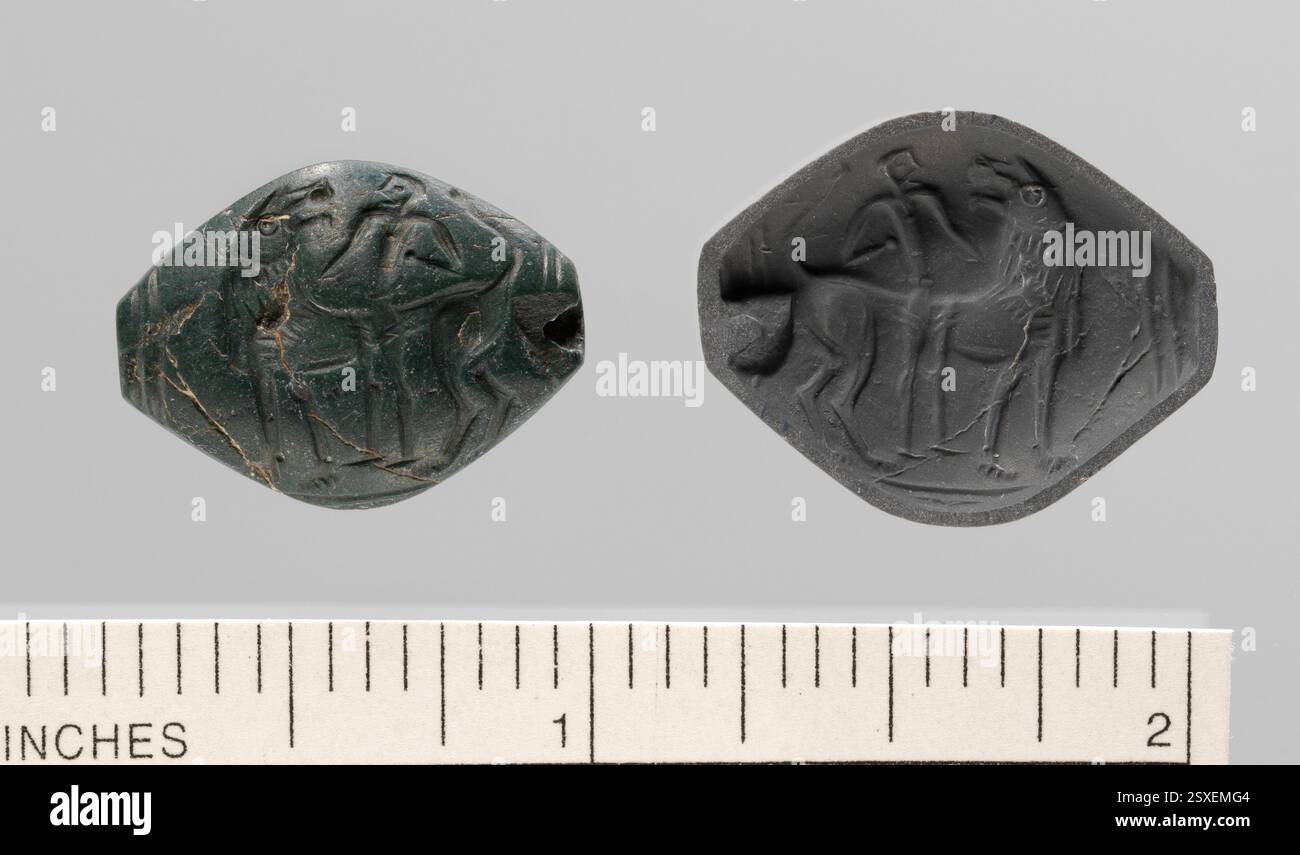 This Minoan Jasper Amygdaloid gem (ca. 1450–1375 BCE) shows a man ...