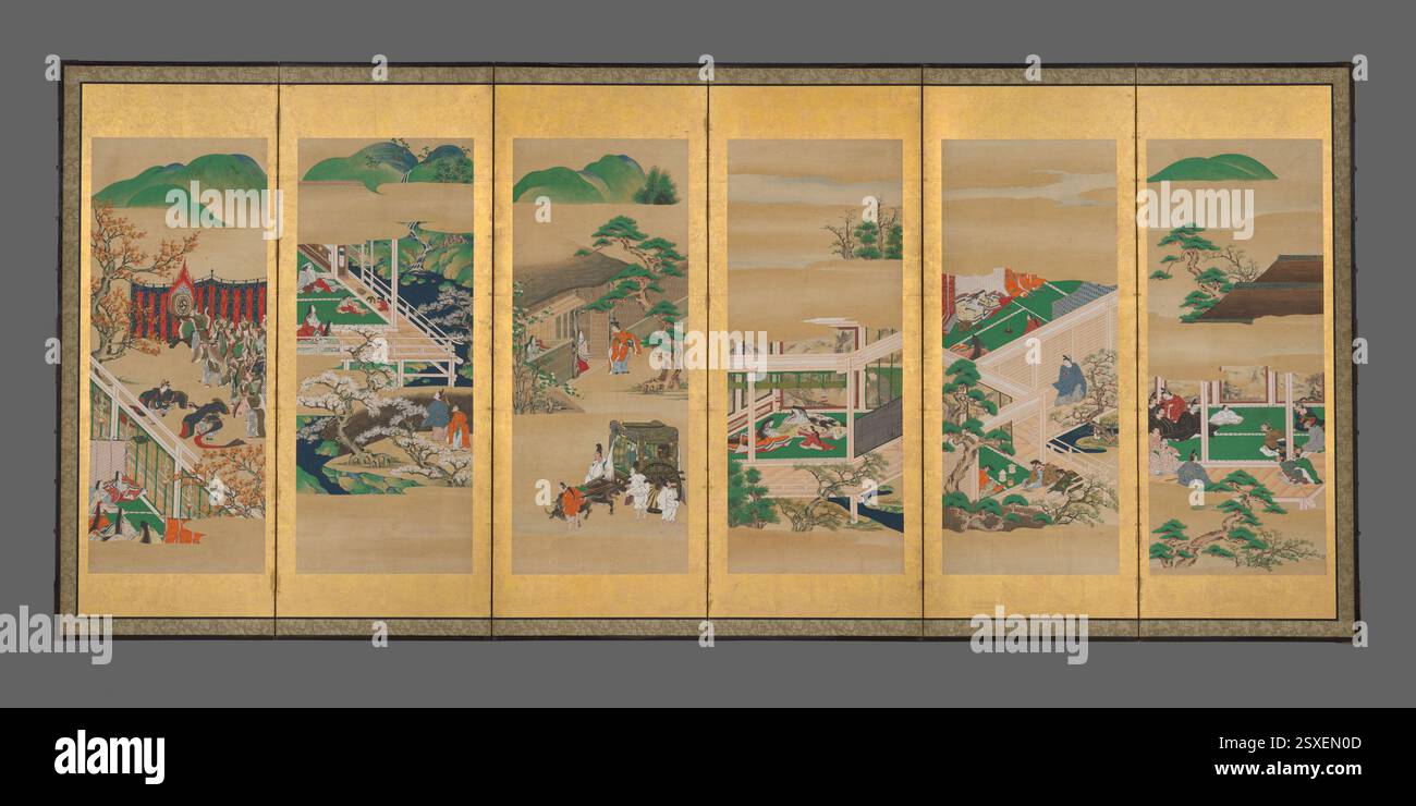 A pair of six-panel folding screens depicting scenes from the 'Tale of ...