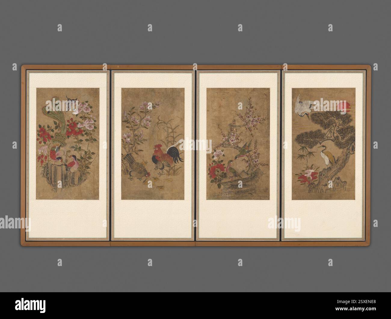 19th-century Korean folding screen with eight panels, featuring birds ...