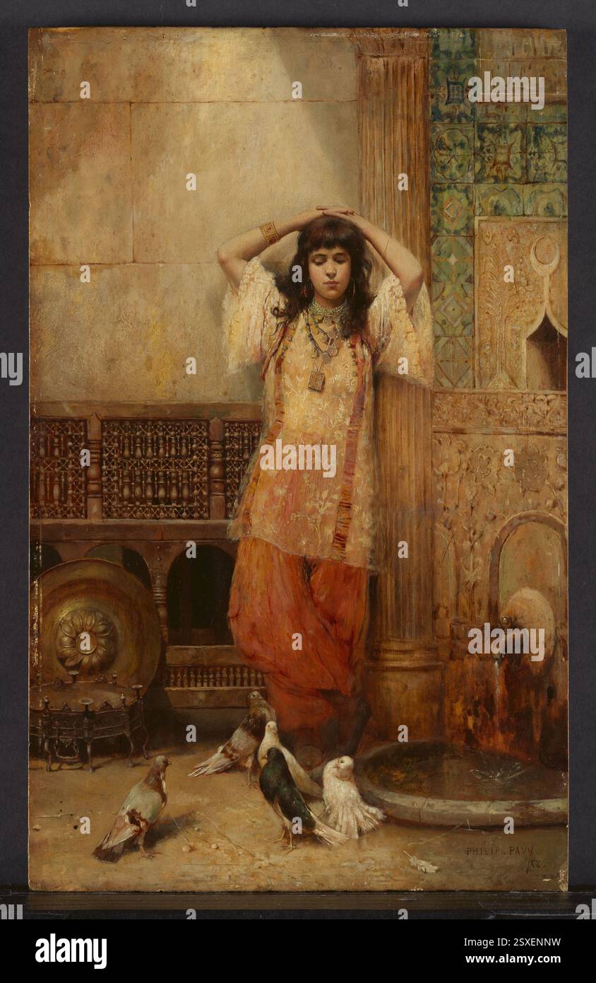 This 1886 oil painting by Philippe Pavy depicts a girl in a courtyard, inspired by a photograph ...