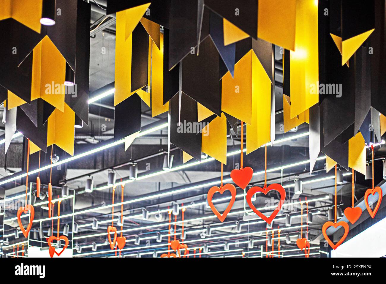 stylish ceiling design with red hearts in a shopping center Stock Photo ...