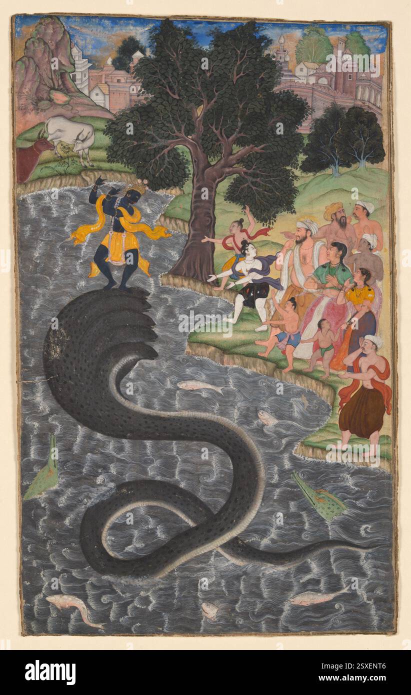 An illustration from the Harivamsa showing Krishna triumphantly dancing ...