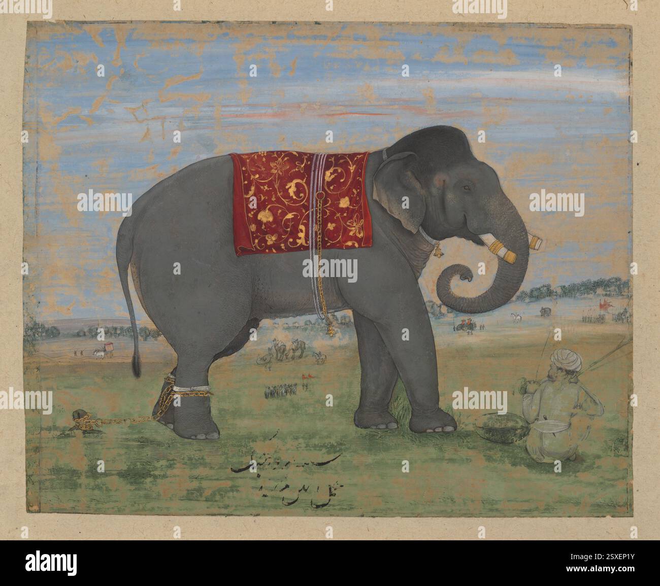 A depiction of an imperial elephant tethered in open grassland near a ...