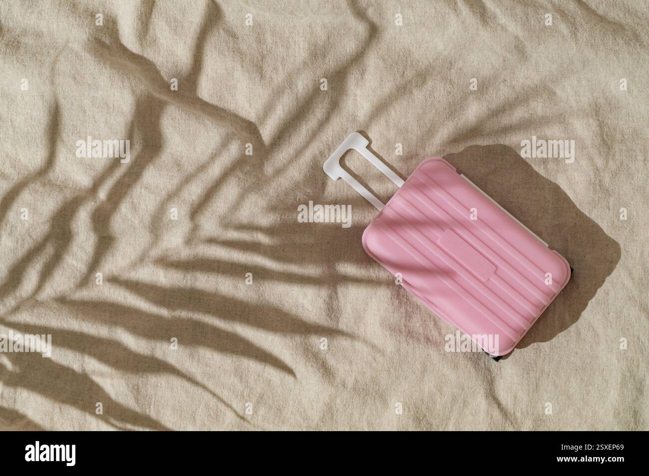 Summer day scene with tropical palm tree leaf shadow and pastel pink ...