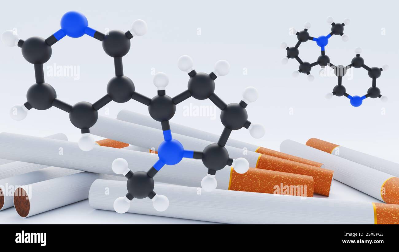 A 3d rendering of cigarettes and nicotine chemical structure Stock ...