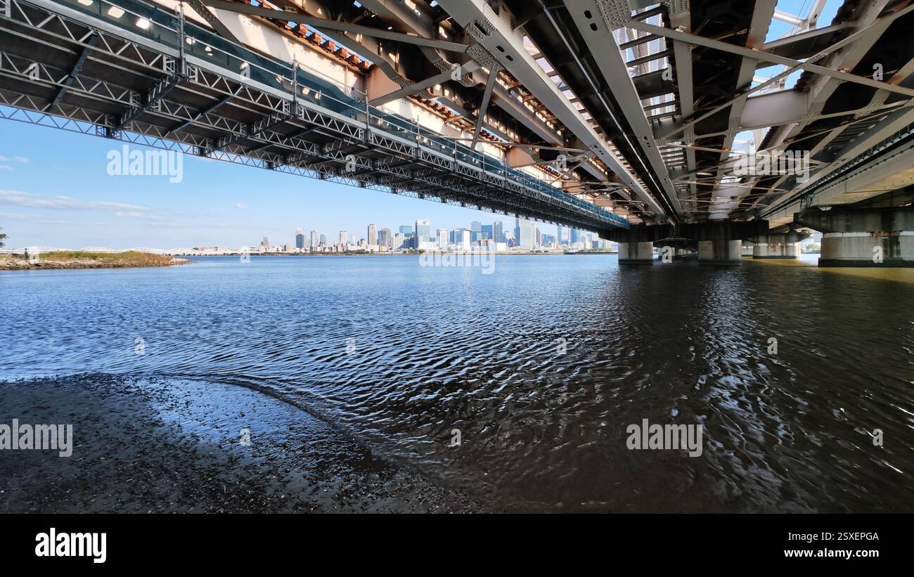 Railway bridge over Yodo River with Osaka Umeda skyline at daytime ...