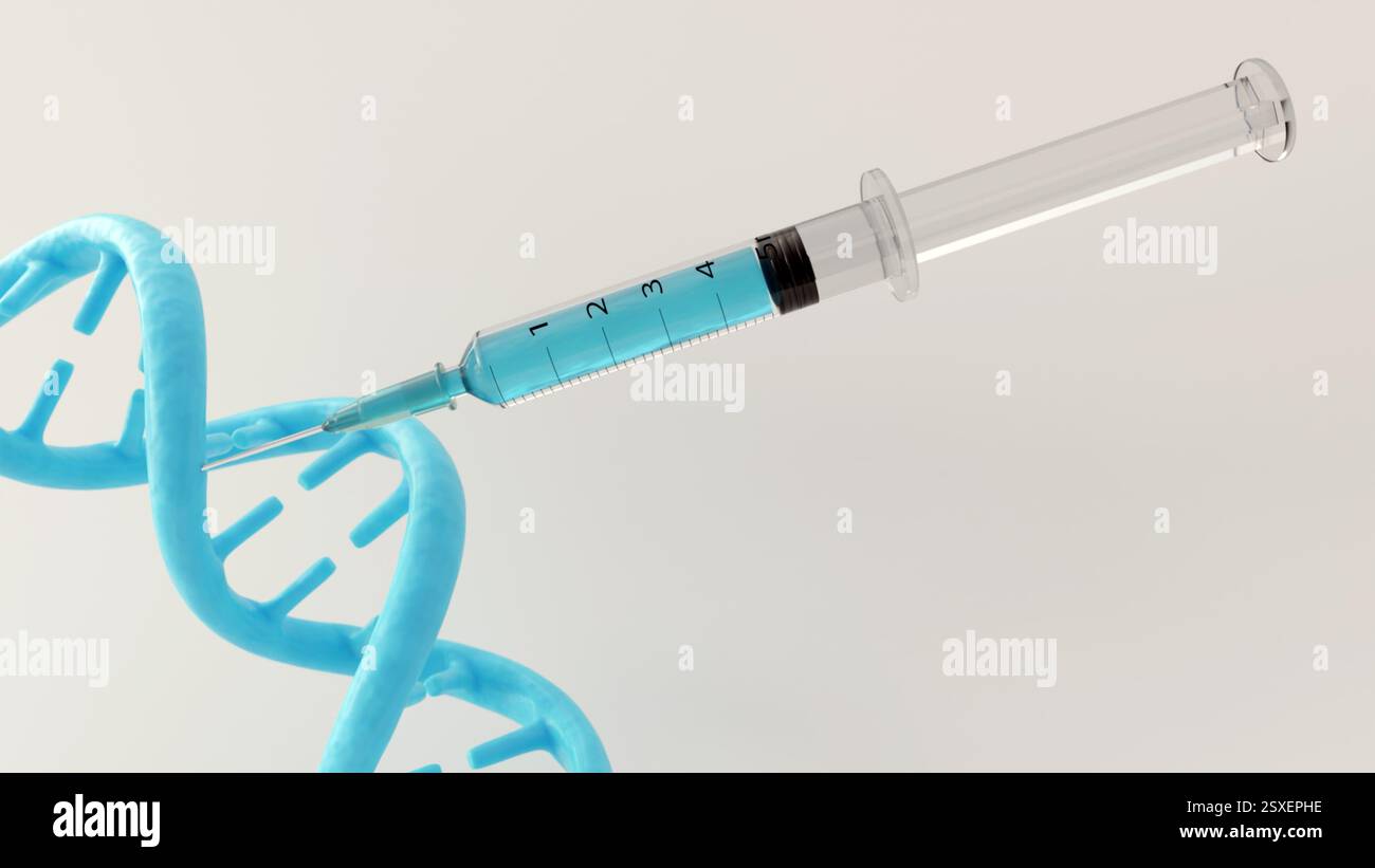 A 3d rendering of A syringe is injecting a DNA double helix. A ...