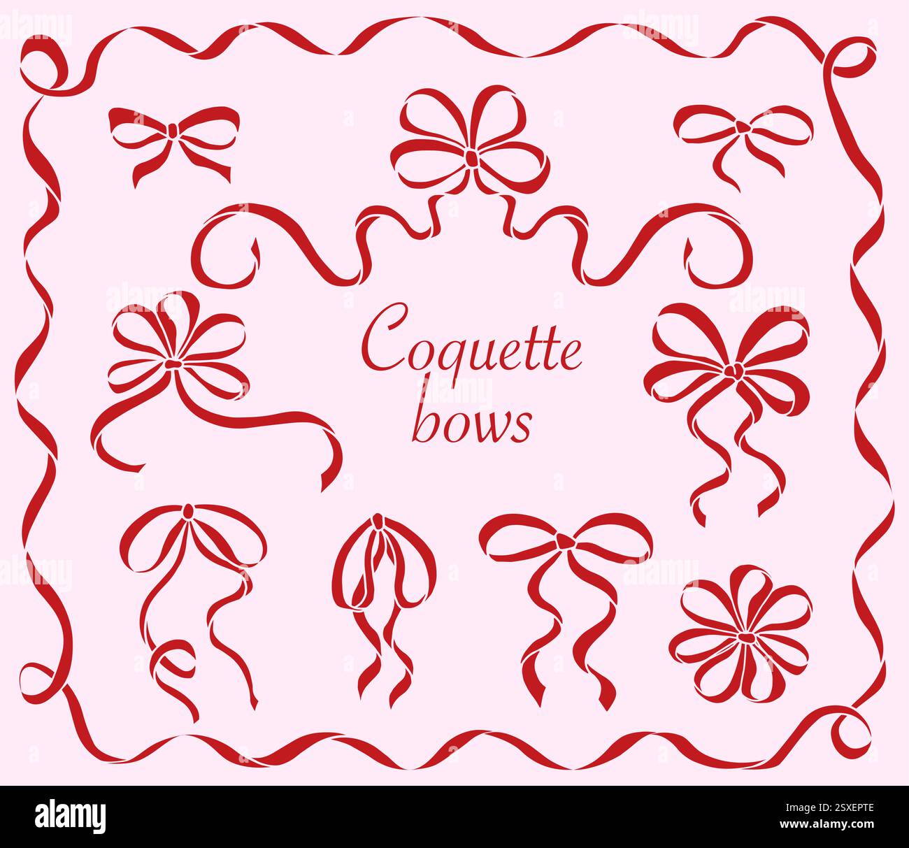Cute Red Coquette Bow knots isolated on pink background. Hand-Drawn ...
