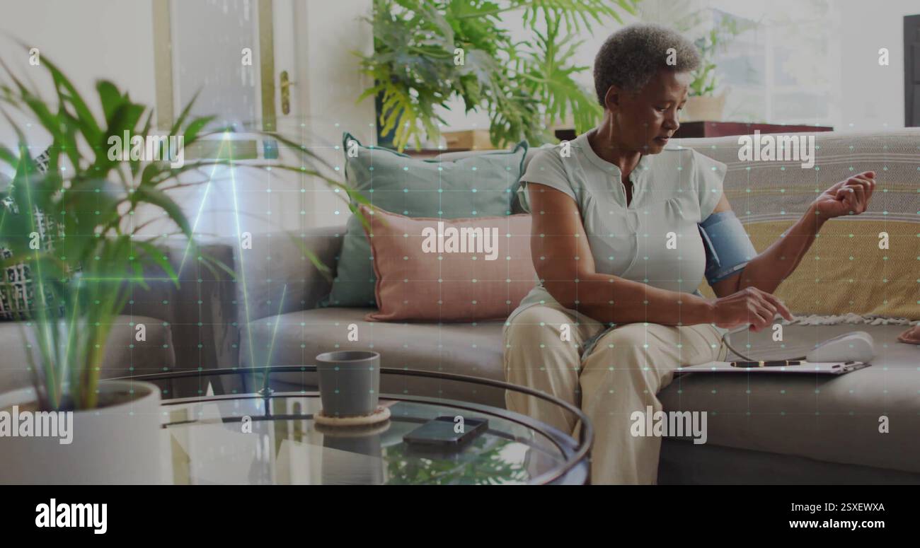 Image of cardiograph over senior biracial woman taking pressure at home ...