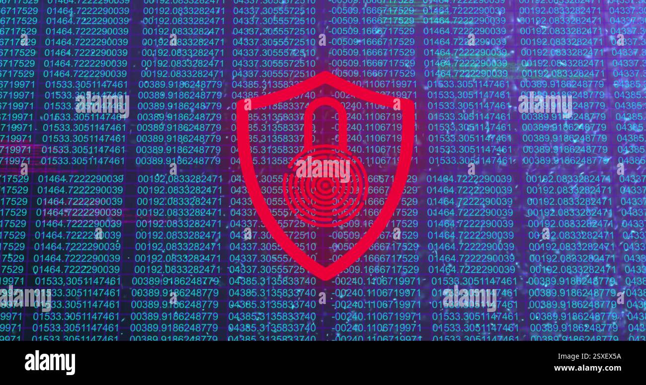 Image of digital data processing over biometric padlock and shield Stock Photo - Alamy