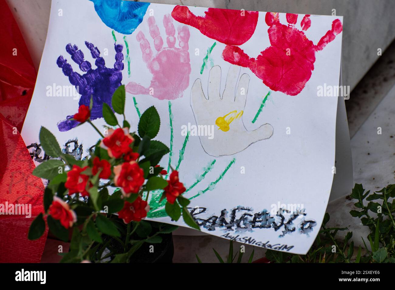 Rome, Italy. 24th Feb, 2025. A drawing left by children under the ...