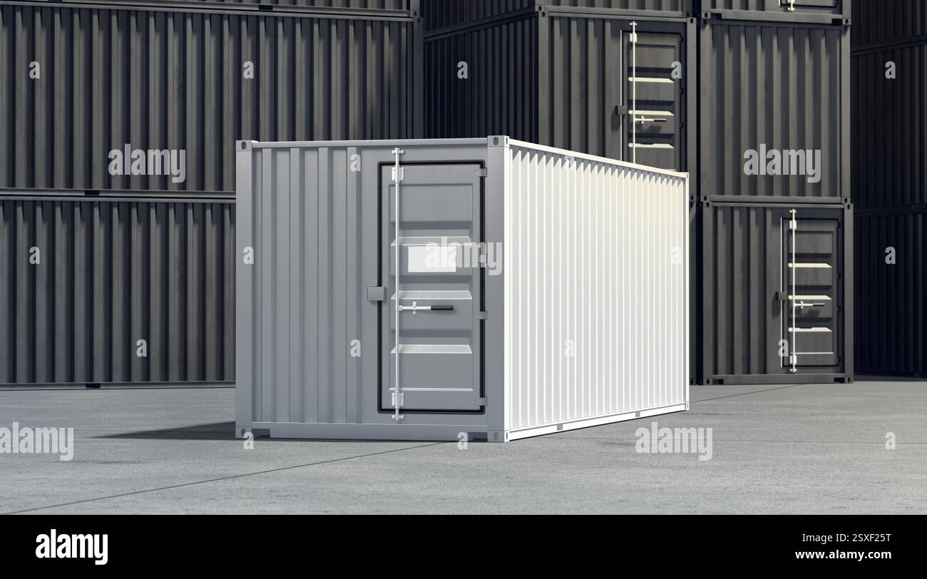 White steel cargo container standing in port mockup, 3d rendering ...