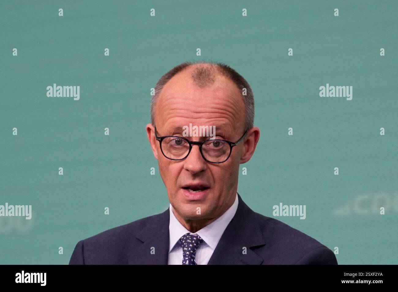 Friedrich Merz, leader of the Christian Democratic Union (CDU), speaks during a news conference ...