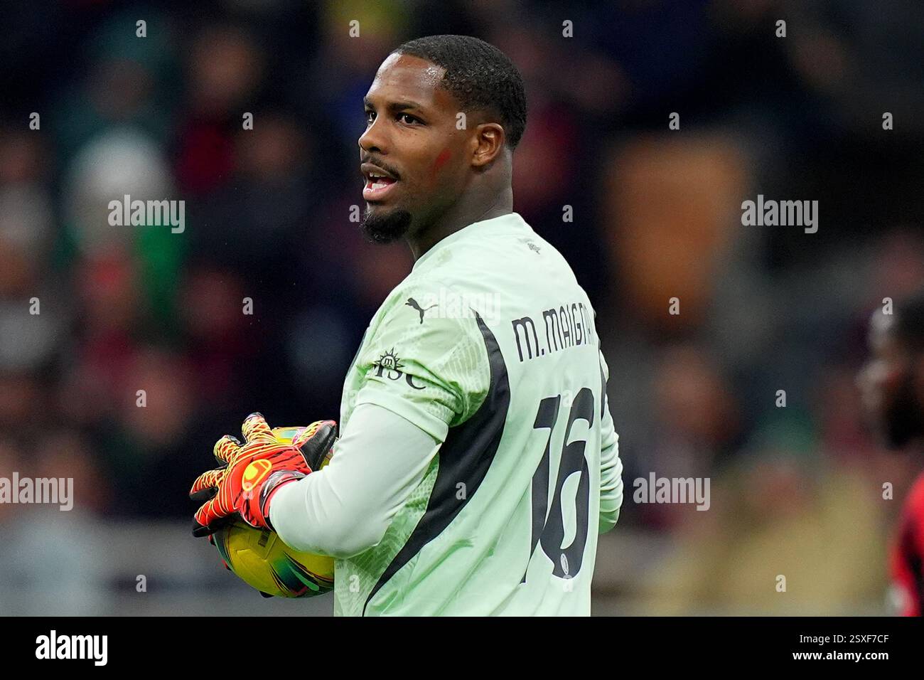 AC Milan's goalkeeper Mike Maignan during the Serie A soccer match ...