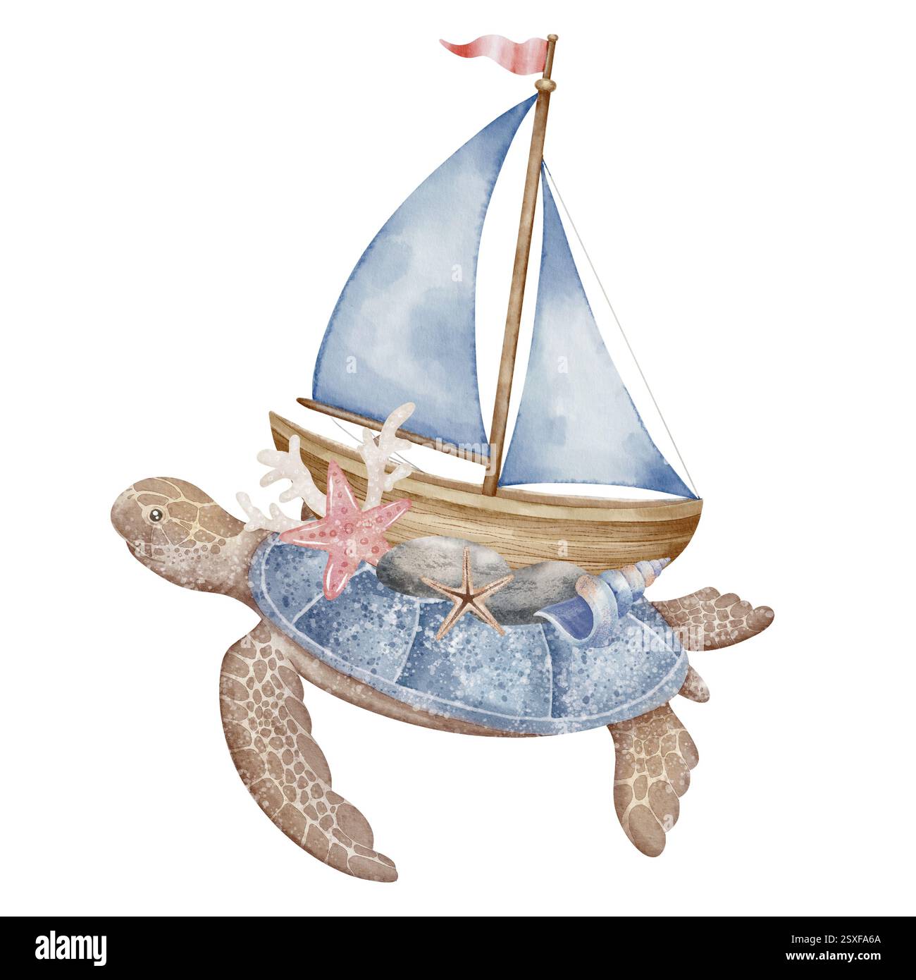 Watercolor illustration of Turtle and ship with blue sails. Drawing of ...
