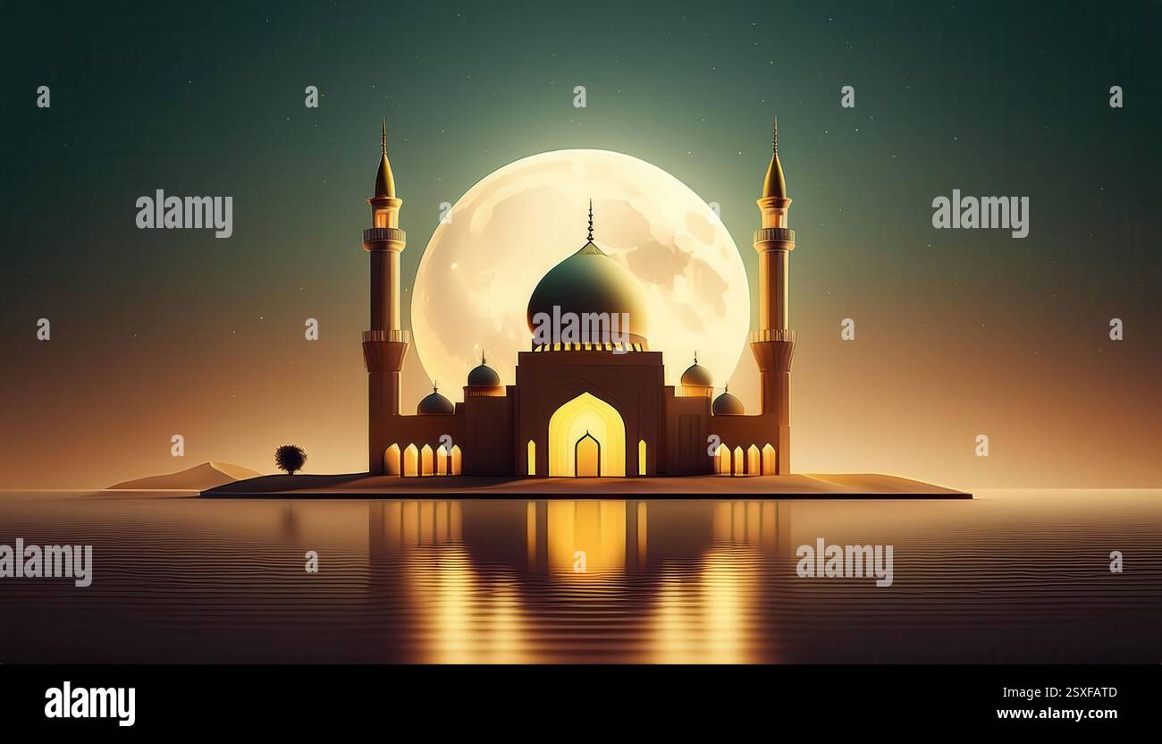 A grand mosque stands beautifully illuminated by a full moon, marking ...