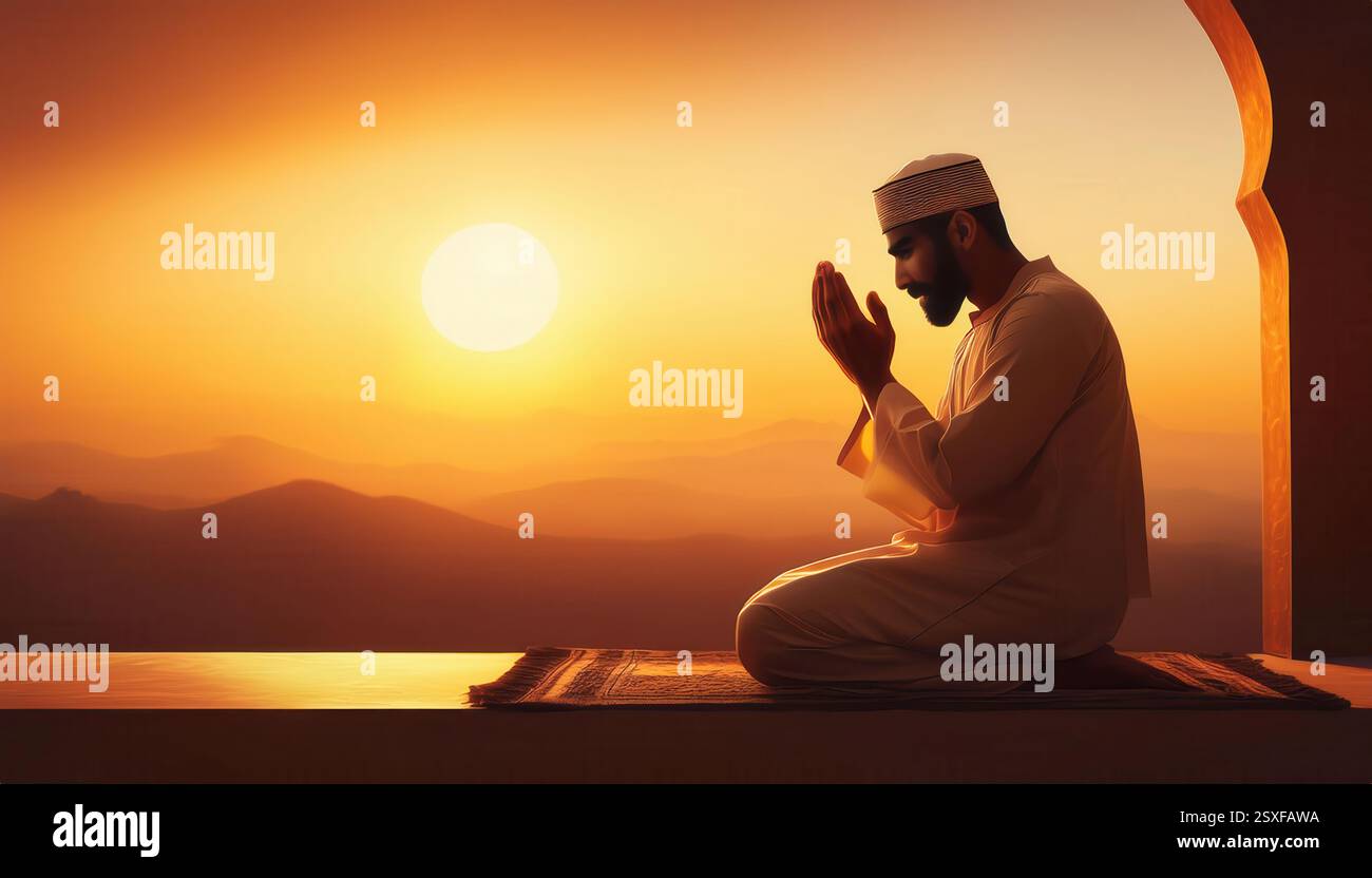 A man is engaged in prayer during Ramadan, embracing the tranquility of ...