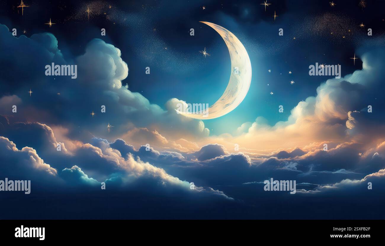 A glowing crescent moon illuminates the night sky, signaling the joy of ...