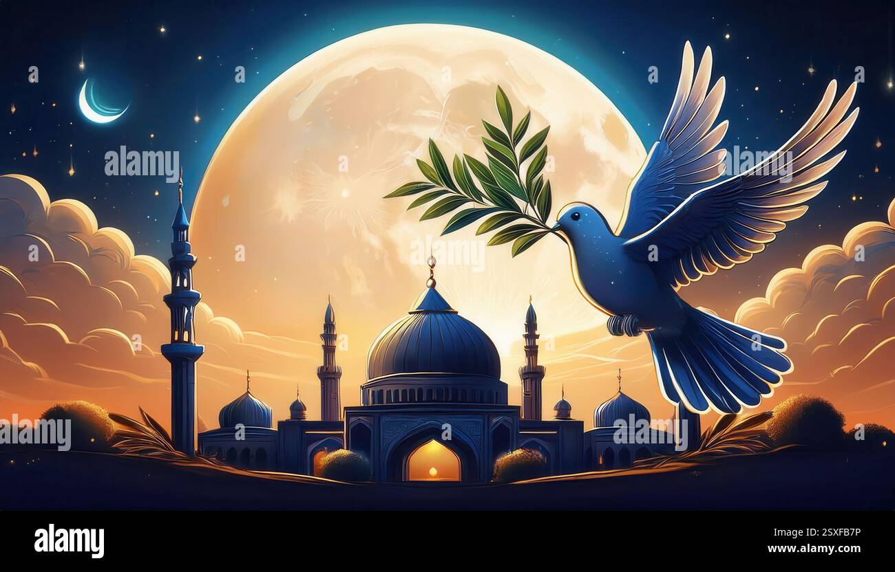 A dove brings an olive branch beneath the glowing moon, highlighting ...