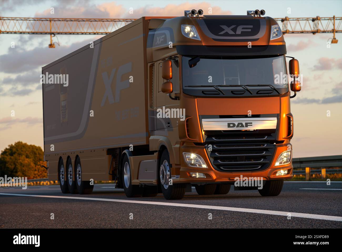DAF XF Model Truck with company trailer on the highway Stock Photo - Alamy