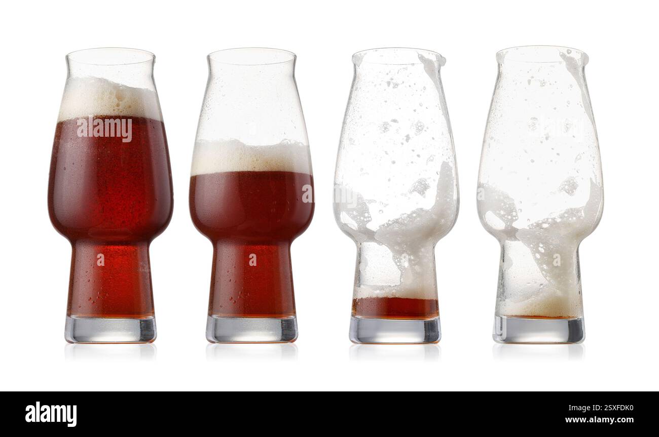 Drinking beer process. From full to empty glass on white background ...