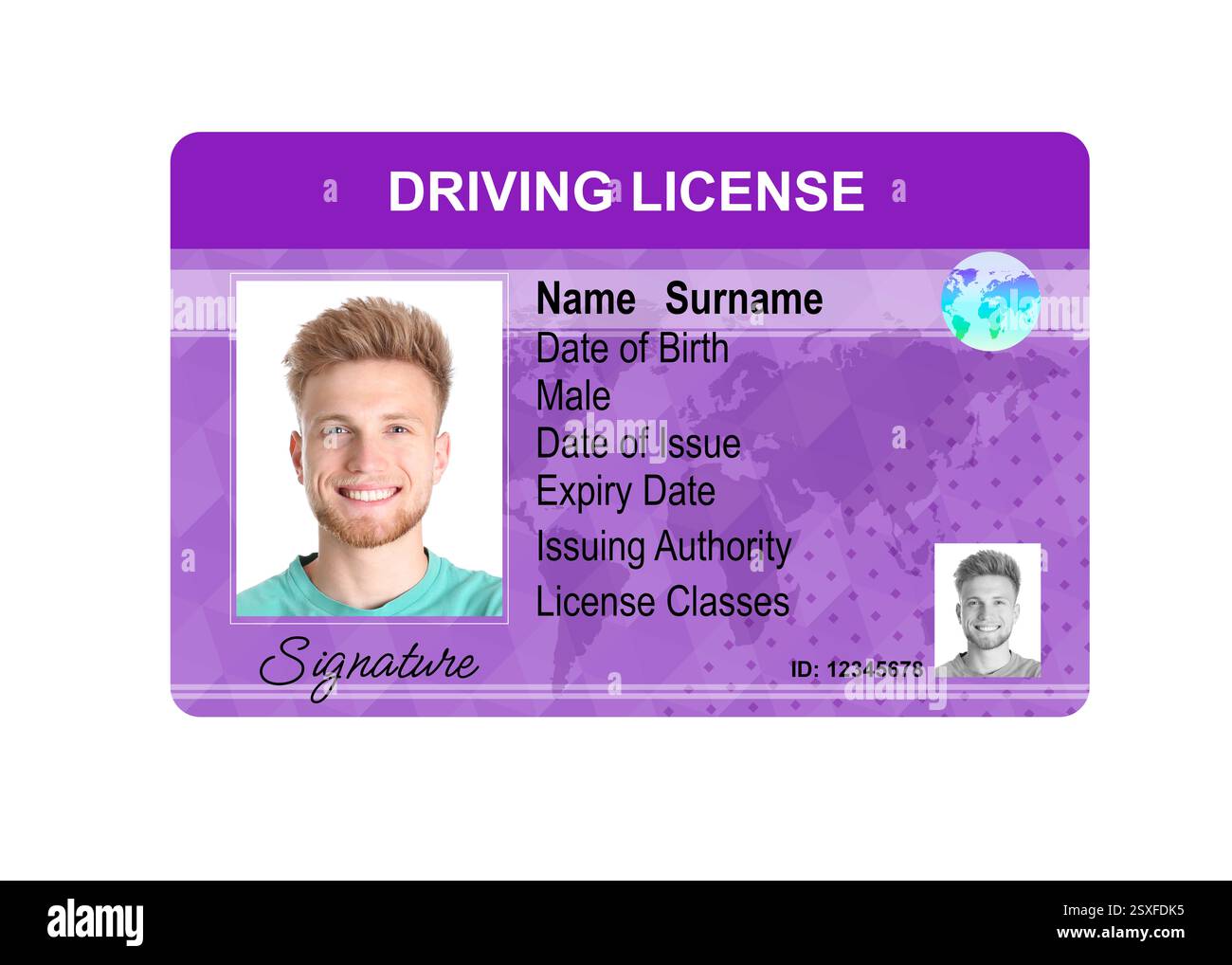 Driver's license with photo of man and world map illustration isolated ...