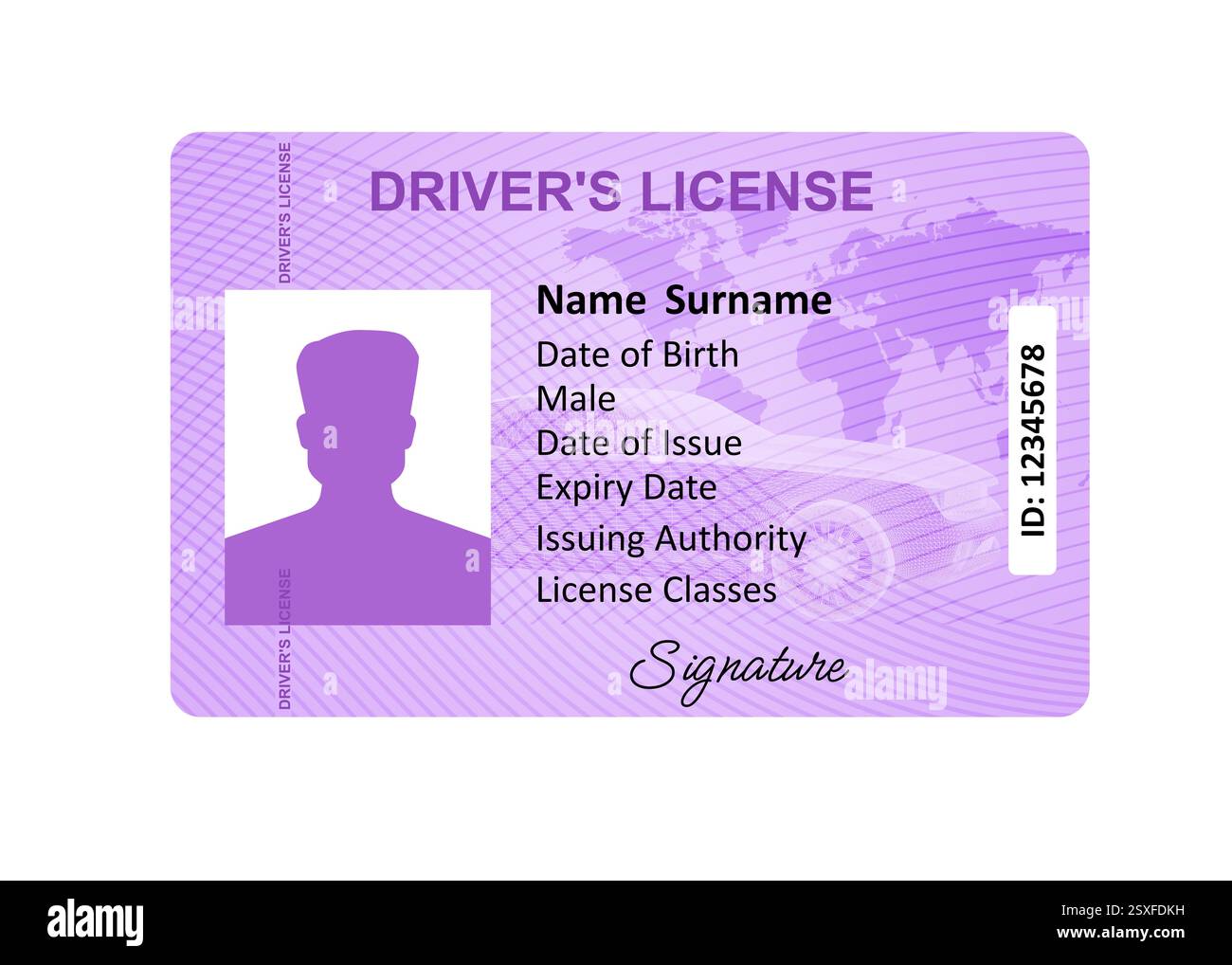 Driver's license with male silhouette and illustration of world map ...