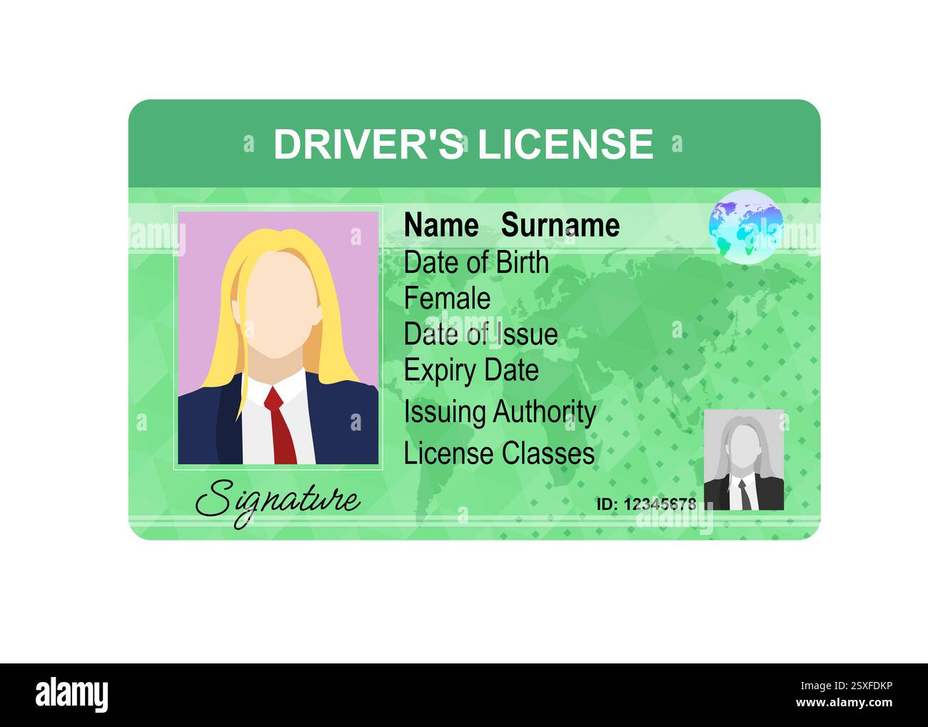 Driver's license with female silhouette and illustration of world map ...