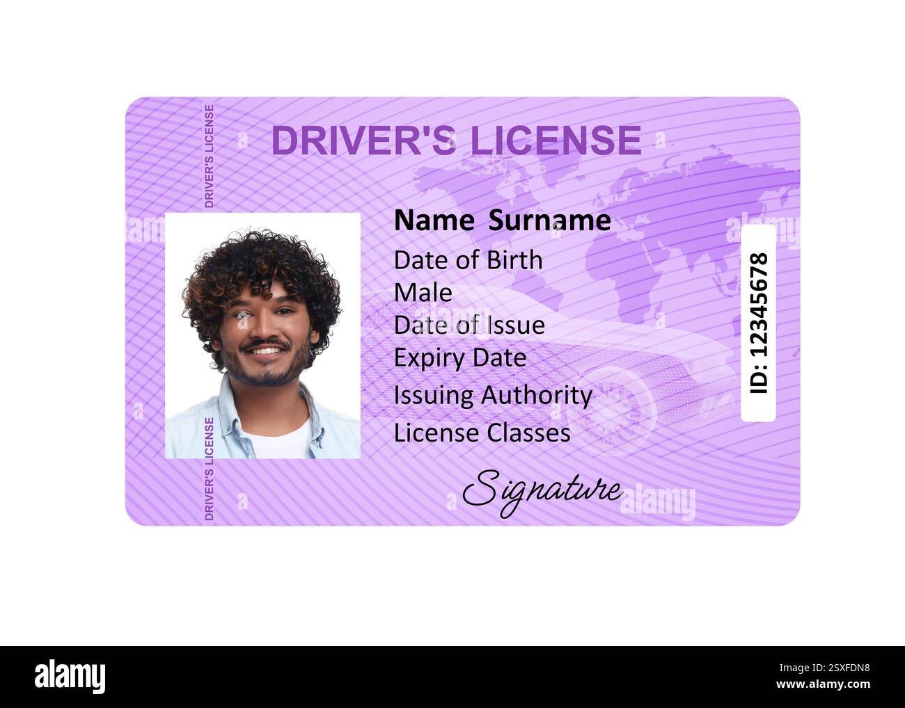 Driver's license with photo of man and world map illustration isolated ...